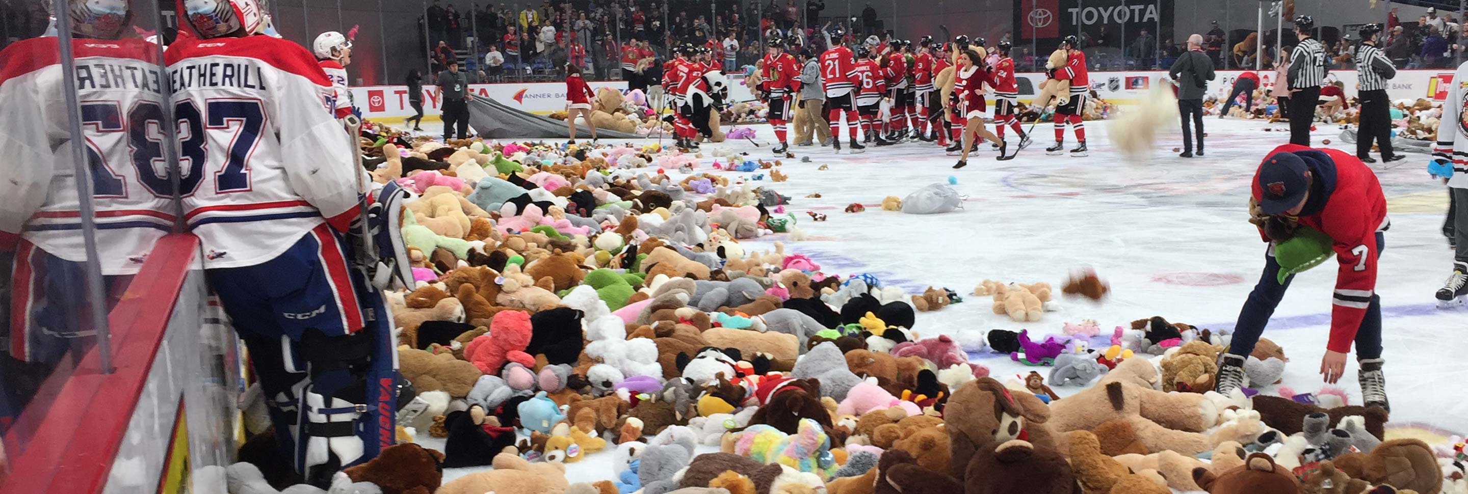 Hockey Fans Toss 11,000 Teddy Bears for Charity - Les Schwab