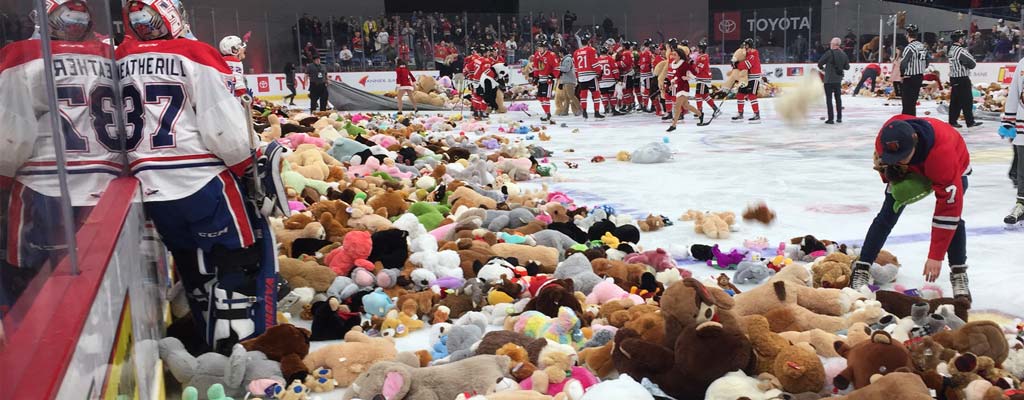Hockey Fans Toss 11,000 Teddy Bears for Charity - Les Schwab